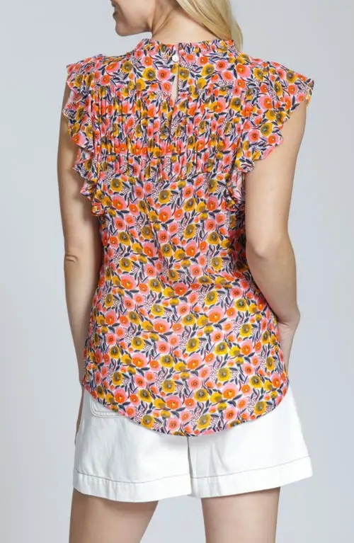 APNY Floral Print Flutter Sleeve Blouse - Apricot Multi