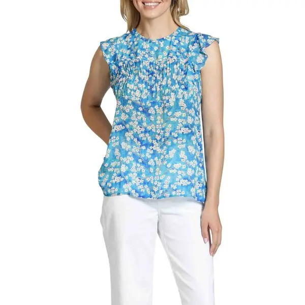 APNY Floral Print Flutter Sleeve Blouse - Blue Multi