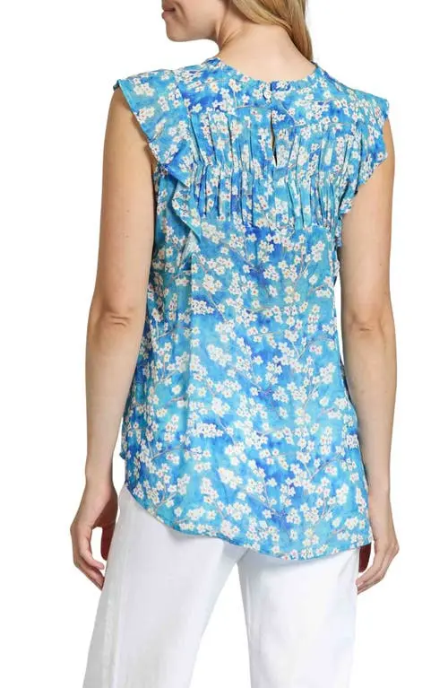 APNY Floral Print Flutter Sleeve Blouse - Blue Multi
