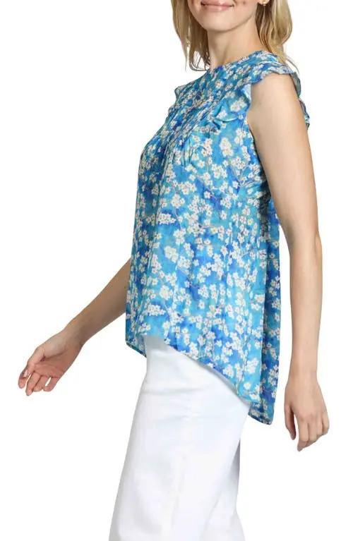 APNY Floral Print Flutter Sleeve Blouse - Blue Multi