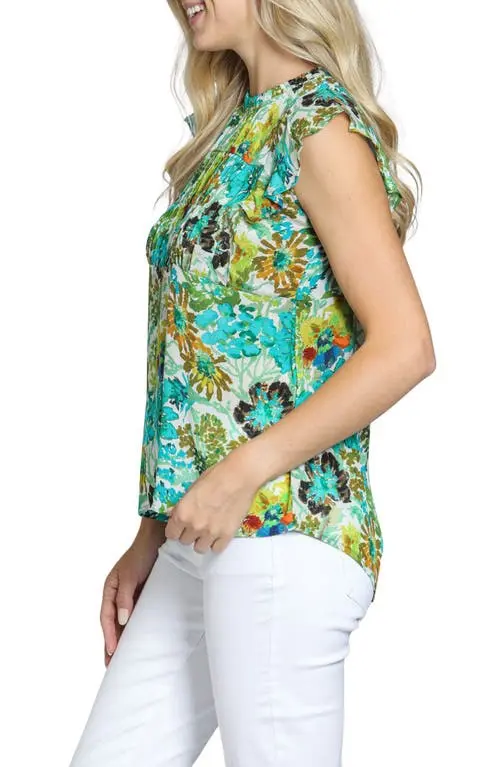 APNY Floral Print Flutter Sleeve Blouse - Green Multi
