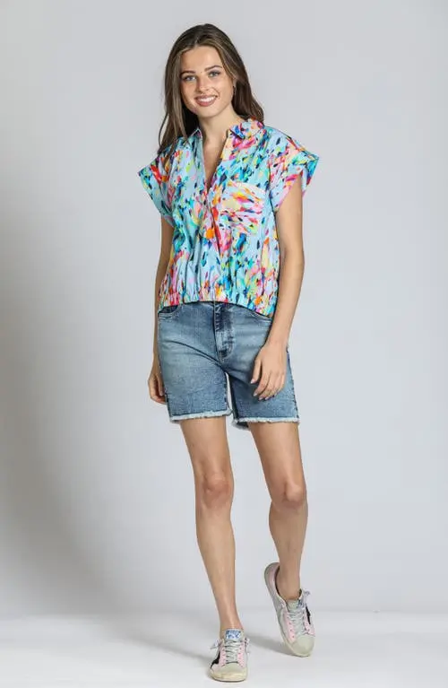 APNY Print Wrap Front High-low Cotton Top - Blue Multi