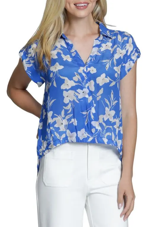 APNY Print Wrap Front High-low Cotton Top - Blue/white Floral