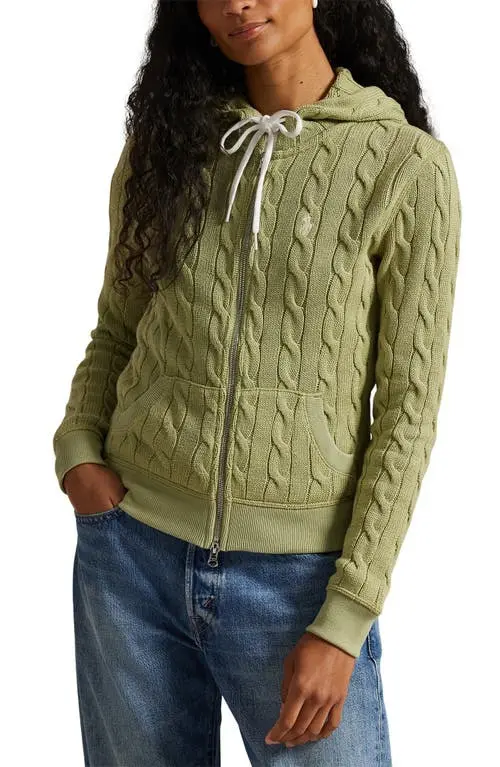 Polo Ralph Lauren Cable Knit Cotton Zip Hoodie - Light Olive