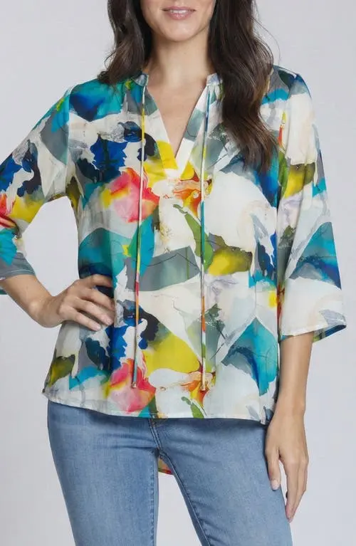 APNY Print Tassel Split Neck Chiffon Top - Teal Blue Multi