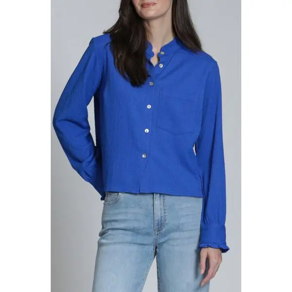 APNY Ruffle Long Sleeve Crop Button-up Shirt - Dazzling Blue