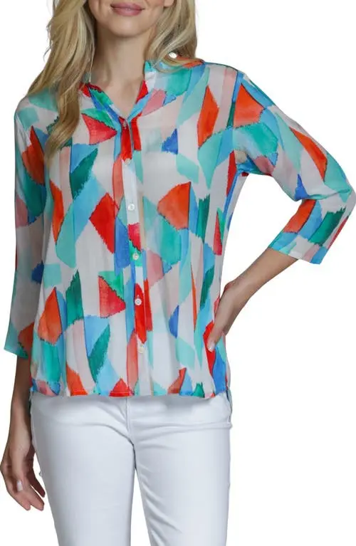 APNY Mixed Stripe Mandarin Collar Button-up Shirt - Orange Turquoise Multi