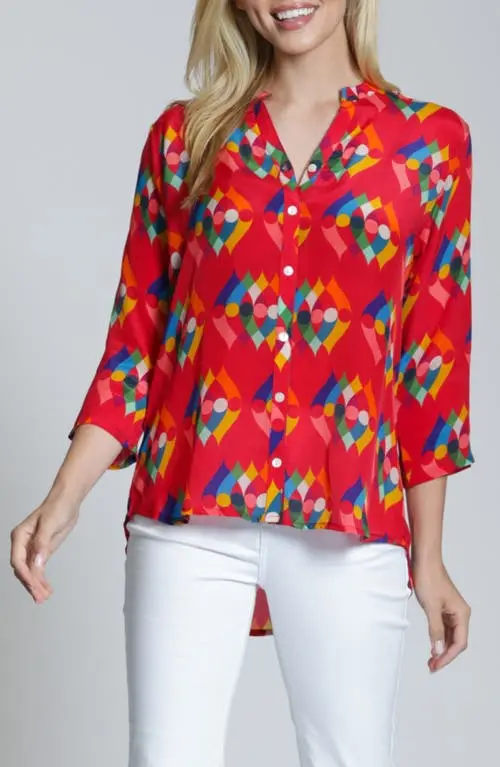 APNY Mixed Stripe Mandarin Collar Button-up Shirt - Red Multi