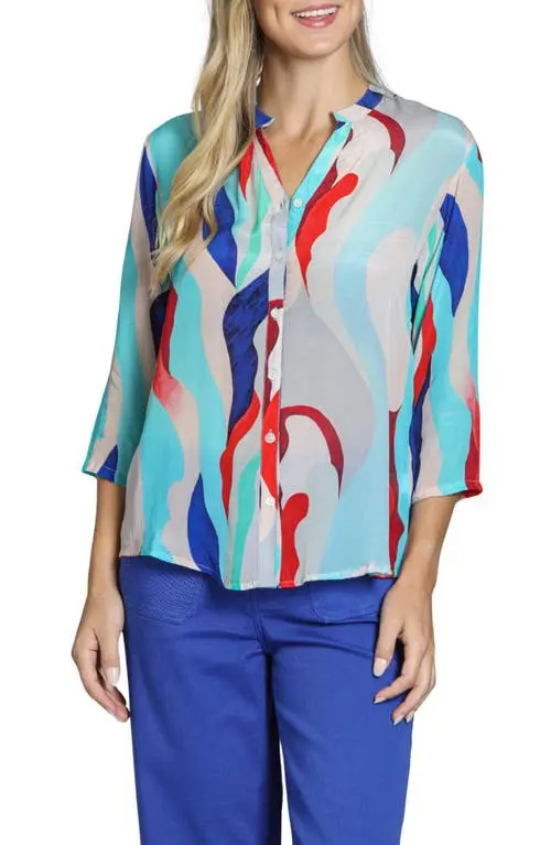 APNY Mixed Stripe Mandarin Collar Button-up Shirt - Turquoise Multi