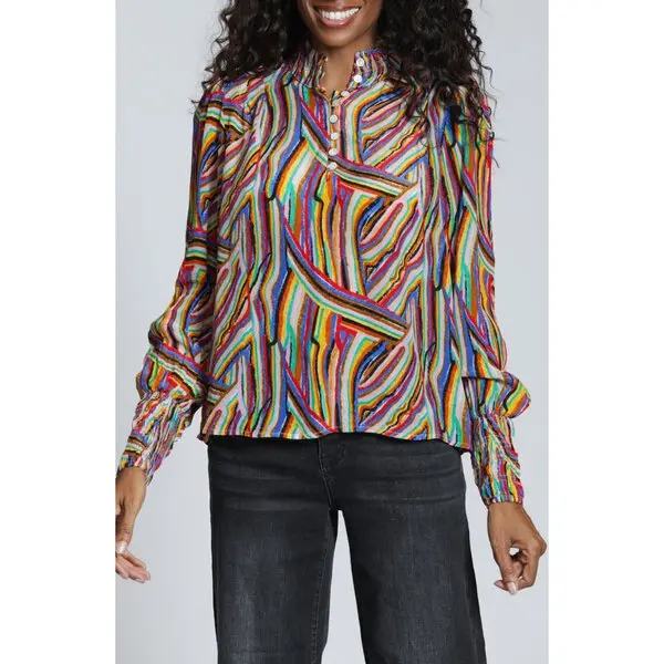 APNY Print High Neck Shirt - Red Blue Multi