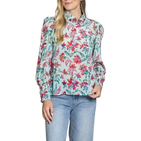APNY Print High Neck Shirt - Turquoise Red Multi