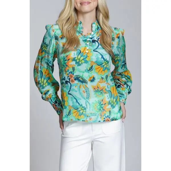 APNY Print High Neck Shirt - Turquoise Yellow Multi