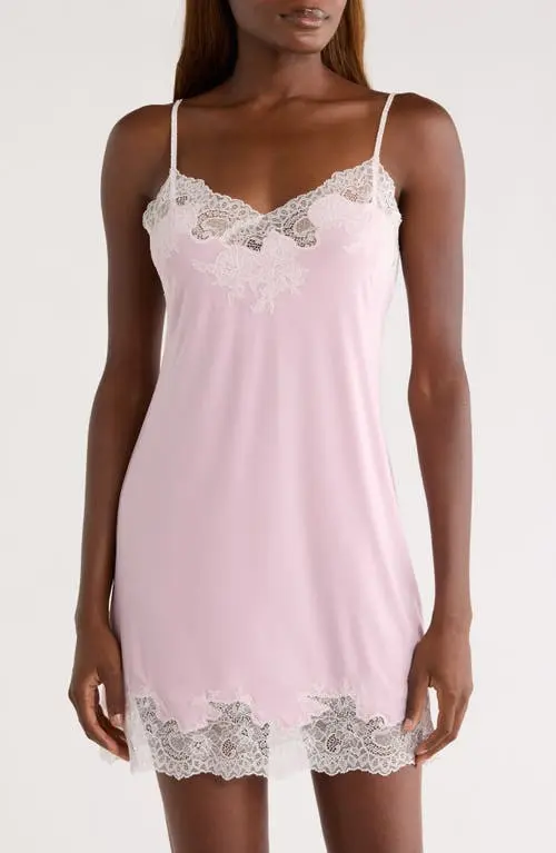 Natori Enchant Lace Trim Satin Chemise - Pink White Pink