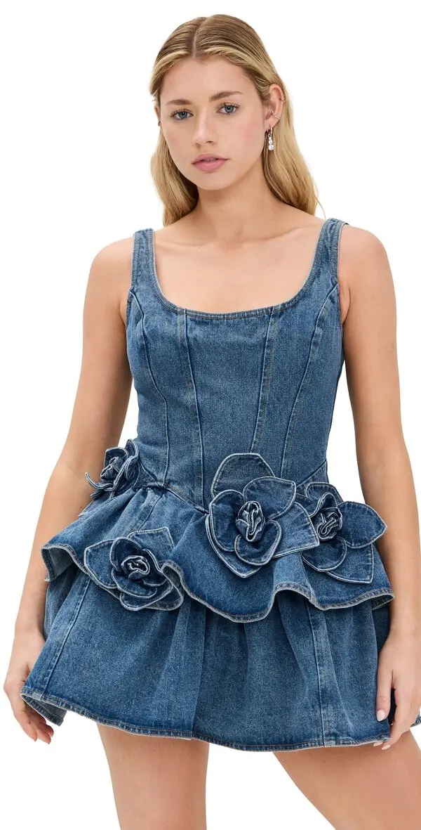 AKNVAS Devyn Denim Mini Dress With Rosette Accents - Saxe Blue