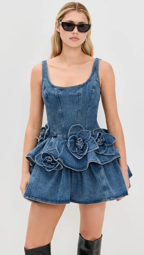 AKNVAS Devyn Denim Mini Dress With Rosette Accents