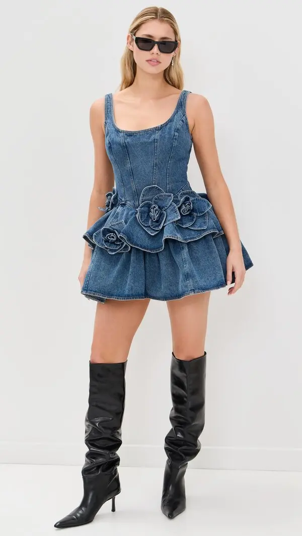 AKNVAS Devyn Denim Mini Dress With Rosette Accents