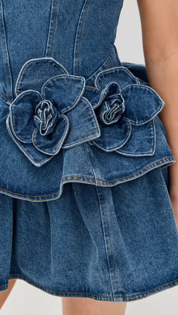 AKNVAS Devyn Denim Mini Dress With Rosette Accents