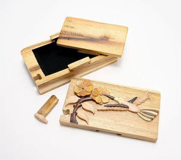 CARVER DAN'S Handcrafted Hummingbird Puzzle Box