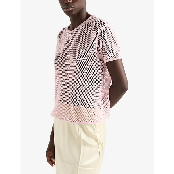 Prada Triangle-Logo Short-Sleeve Cotton Mesh-Knit Top - Pink