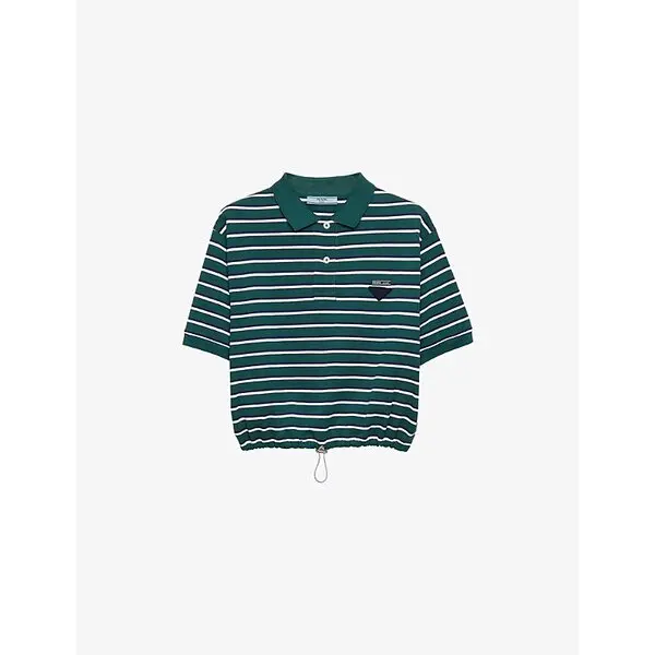 PRADA プラダ Cropped Striped Pique Polo Shirt トライアングルパッチ コットン クロップド ストライプ ピケ 半袖ポロシャツ ブルー レディース 39609 S000 PRADA - PRADA プラダ Cropped Striped Pique Polo Shirt