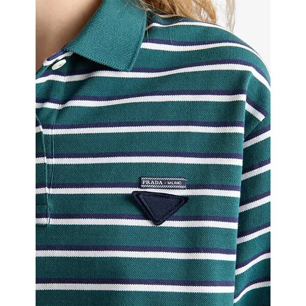 PRADA プラダ Cropped Striped Pique Polo Shirt トライアングルパッチ コットン クロップド ストライプ ピケ 半袖ポロシャツ ブルー レディース 39609 S000 Celeste/Camel Beige Cropped striped piqué polo shirt | PRADA
