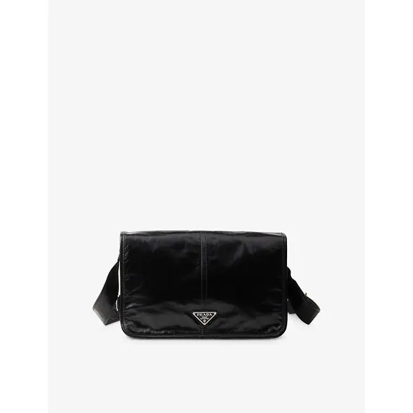 Prada Patent-leather Shoulder Bag With Branded Plaque - Black