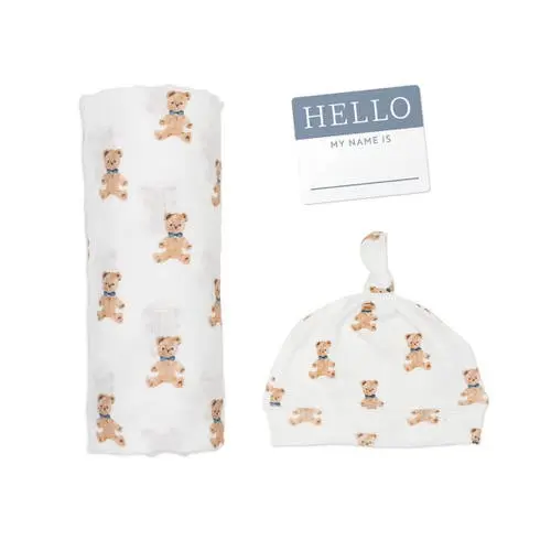 LULUJO Hello World Hat & Swaddle Set - Vintage Teddy