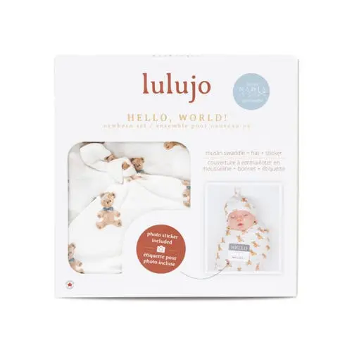 LULUJO Hello World Hat & Swaddle Set - Vintage Teddy