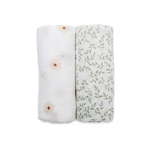 LULUJO Cotton Muslin Swaddles 2 Pack - Daisy/greenery