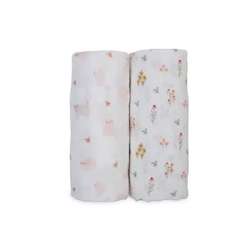LULUJO Cotton Muslin Swaddles 2 Pack - Kitty Cat & Flower Field