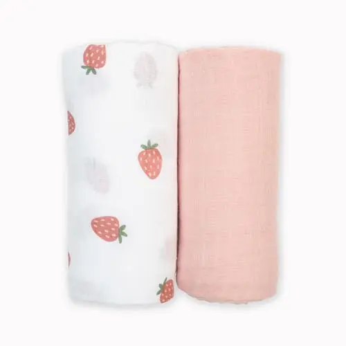 LULUJO Cotton Muslin Swaddles 2 Pack - Strawberries/ballet Slipper