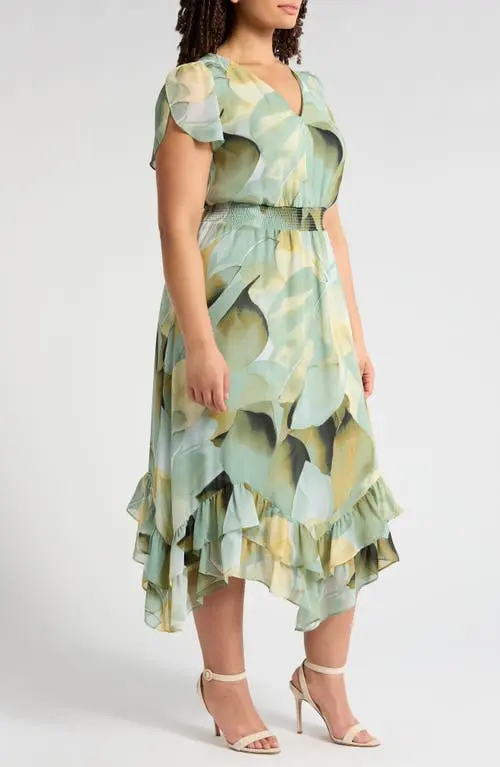 Anne Klein Abstract Print Chiffon Handkerchief Hem Dress In Soft Aloe Multi  - 30% Off | Editorialist