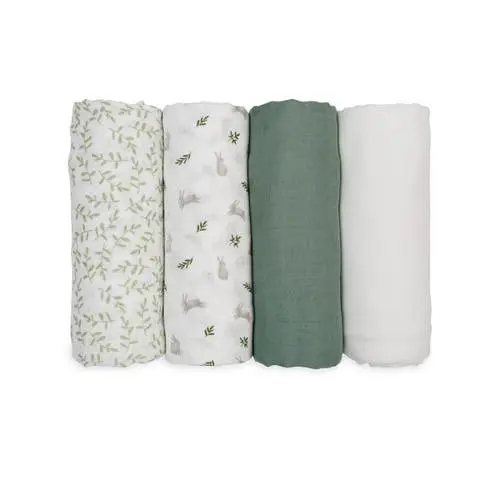 LULUJO Muslin Swaddles 4 Pack - Fern & Bunnies