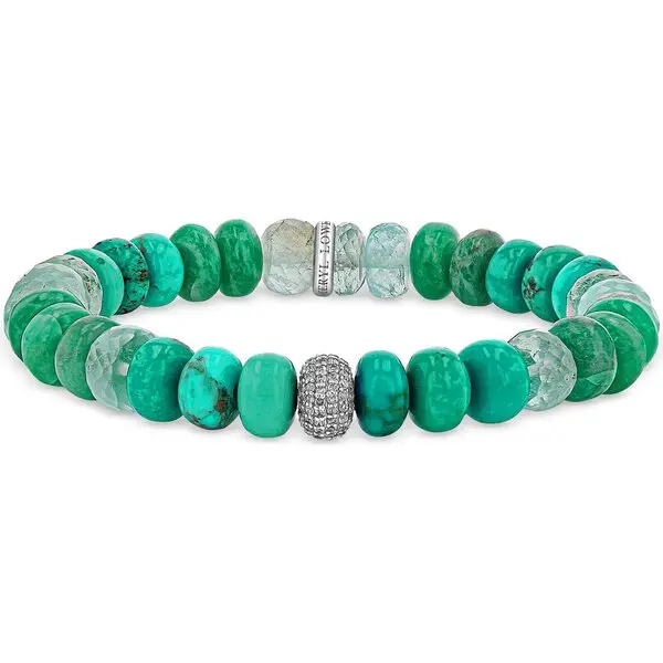 Sheryl Lowe Turquoise Mix Bead Bracelet With Diamond Donut - Turquoise / Sterling Silver