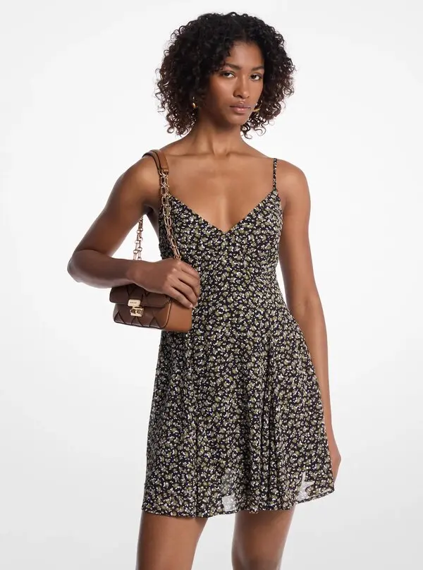 Michael Kors Studded Floral Print Georgette Mini Dress - Green