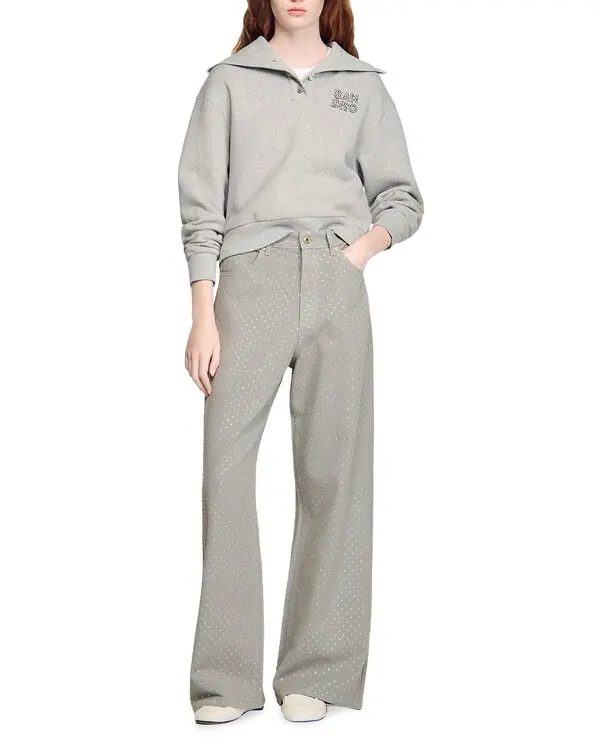 Sandro Rhinestone Embellished Wide Leg Jeans