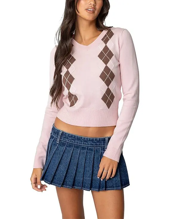 EDIKTED Argyle V-neck Knit Sweater - Light Pink