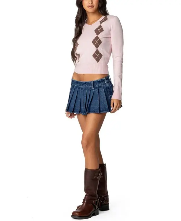 EDIKTED Argyle V-neck Knit Sweater - Light Pink