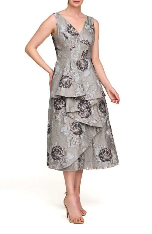 Kay Unger Elsie Floral Jacquard Midi Dress - Grey | Editorialist