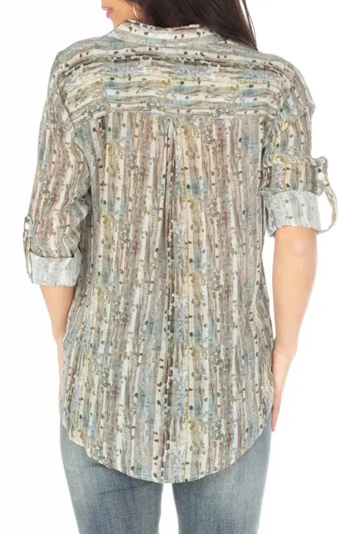 APNY Print Roll Tab Sleeve Button-up Shirt - Beige Multi