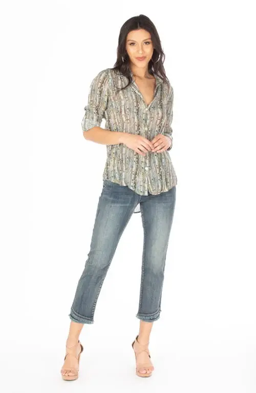 APNY Print Roll Tab Sleeve Button-up Shirt - Beige Multi