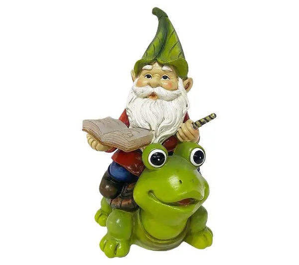 SANTA'S WORKSHOP 9' Solar Resin Gnome On Frog - One-color