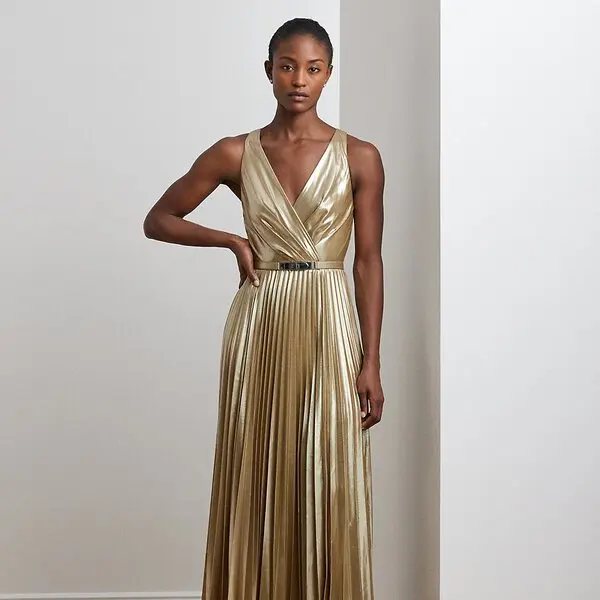 Ralph Lauren Belted Metallic Chiffon Gown In Tan/Light Gold Foil - 22% Off 