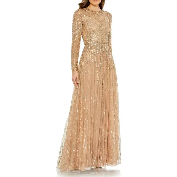 Mac Duggal Sequined Illusion High Neck Long Sleeve Gown - Latte