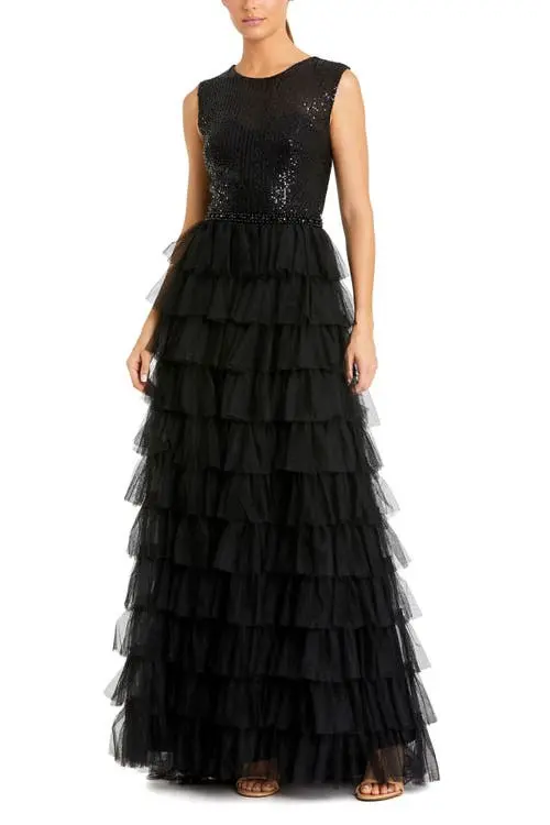 Mac Duggal Ruffle Tiered Sequin High Neck Gown - Black