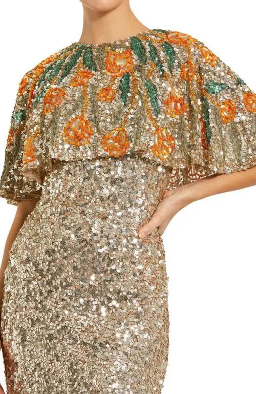 Mac Duggal Embellished Floral Beaded And Sequin Cape Gown