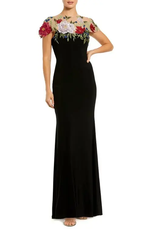 Mac Duggal Floral Embellished Jersey Gown - Black Multi