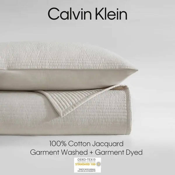 Calvin Klein Mini Channel Stitch Solid 3 Piece Quilt Set, King - Light Beige