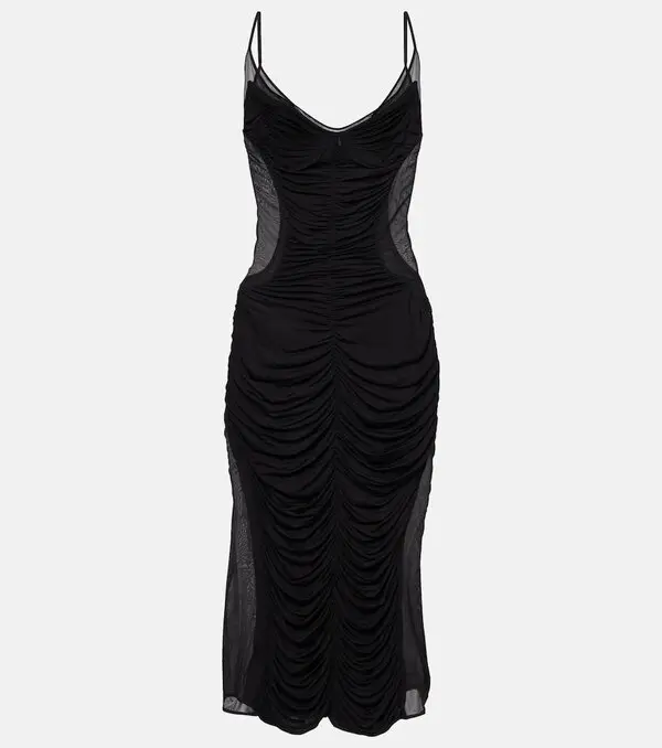 MUGLER Ruched Mesh Midi Dress - Black