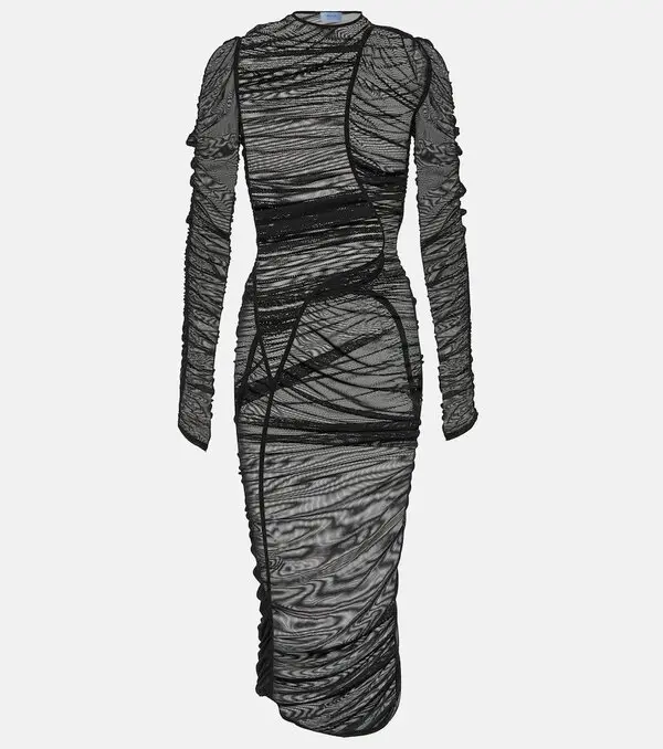 MUGLER Ruched Mesh Midi Dress - Black